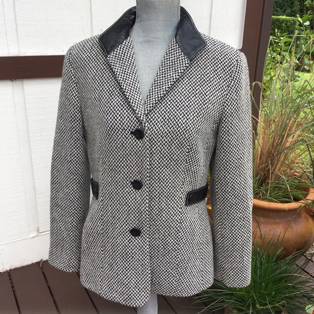 Talbots Leather Trimmed Tweed Jacket - Gem